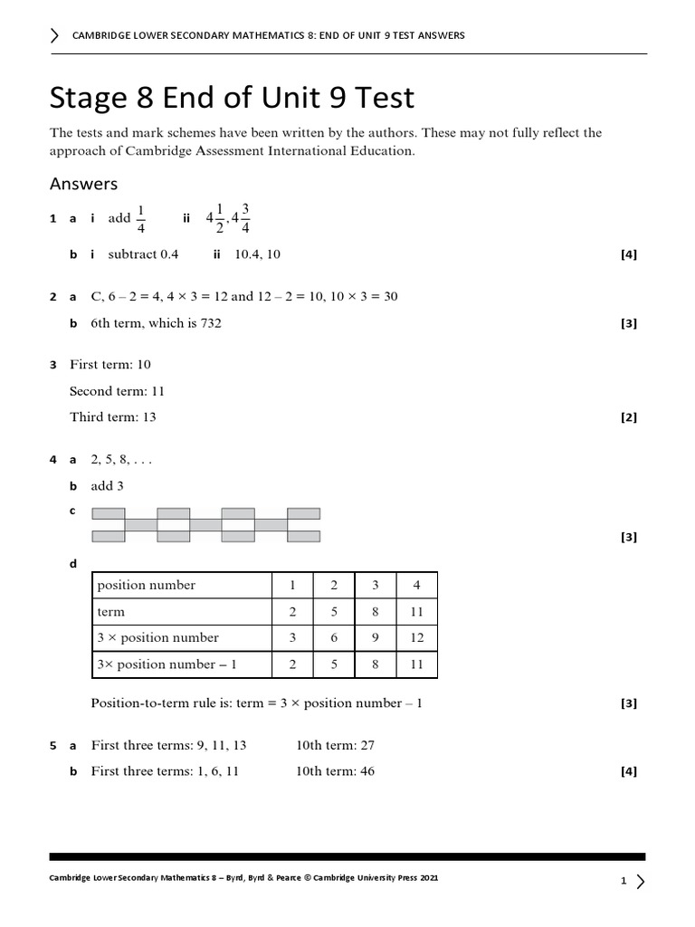 Stage 8 End of Unit 9 Test: Answers | PDF | Mathematics | Science