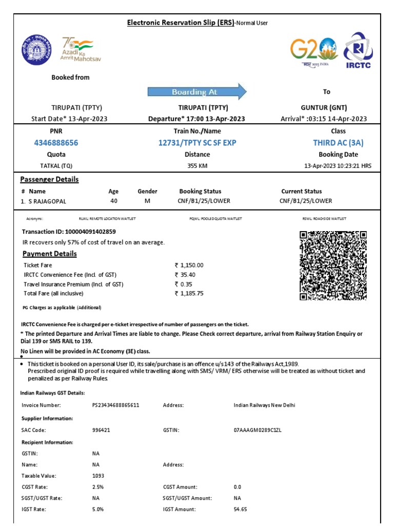 12731/tpty SC SF Exp Third Ac (3A) : Tirupati (Tpty) Start Date 13-Apr ...