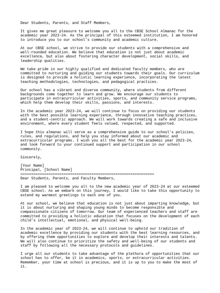 WElcome Note by Principal | PDF | Teachers | Learning