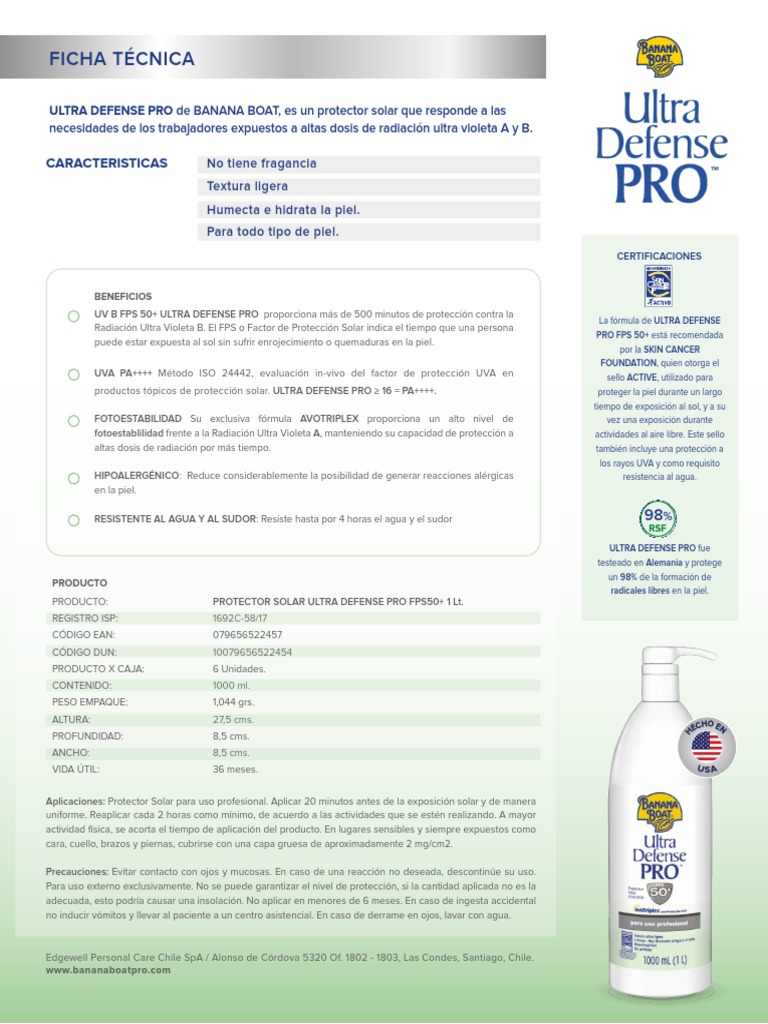 Ficha Tecnica Ultra Defense Pro 1 Lt. | PDF | Protector solar ...