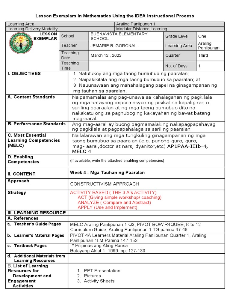 Lesson EXEMPLAR School | PDF