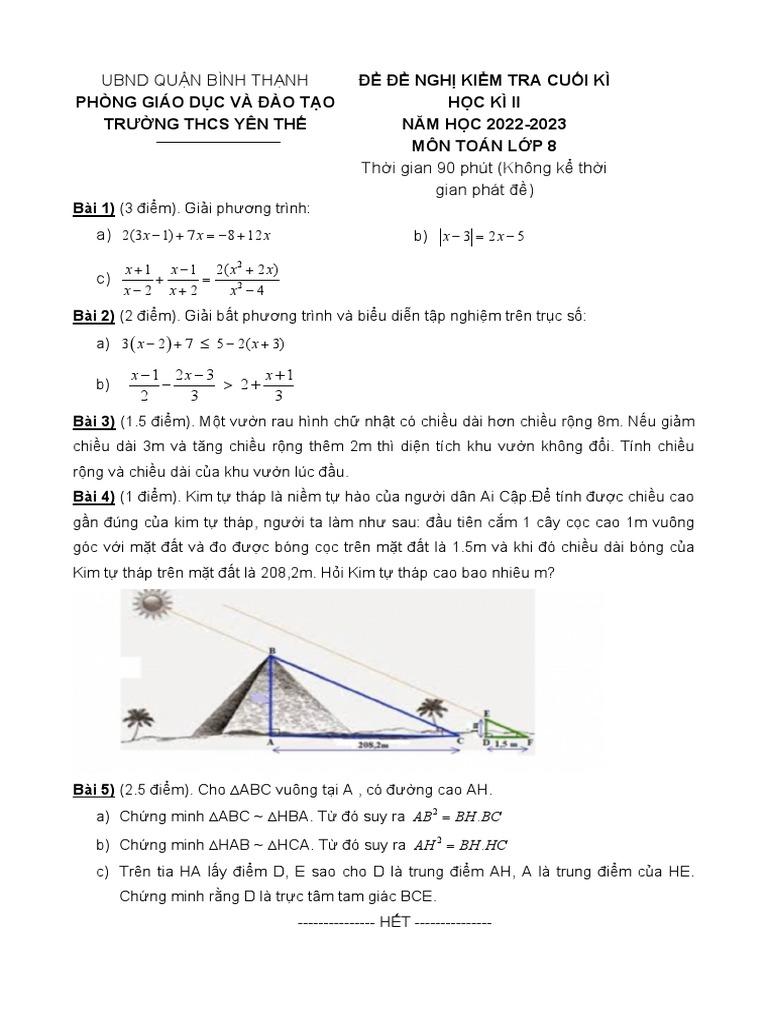 De de Nghi Cuoi Ki 2 Toan 8 Nam 2022 2023 Truong Thcs Yen The TP HCM | PDF