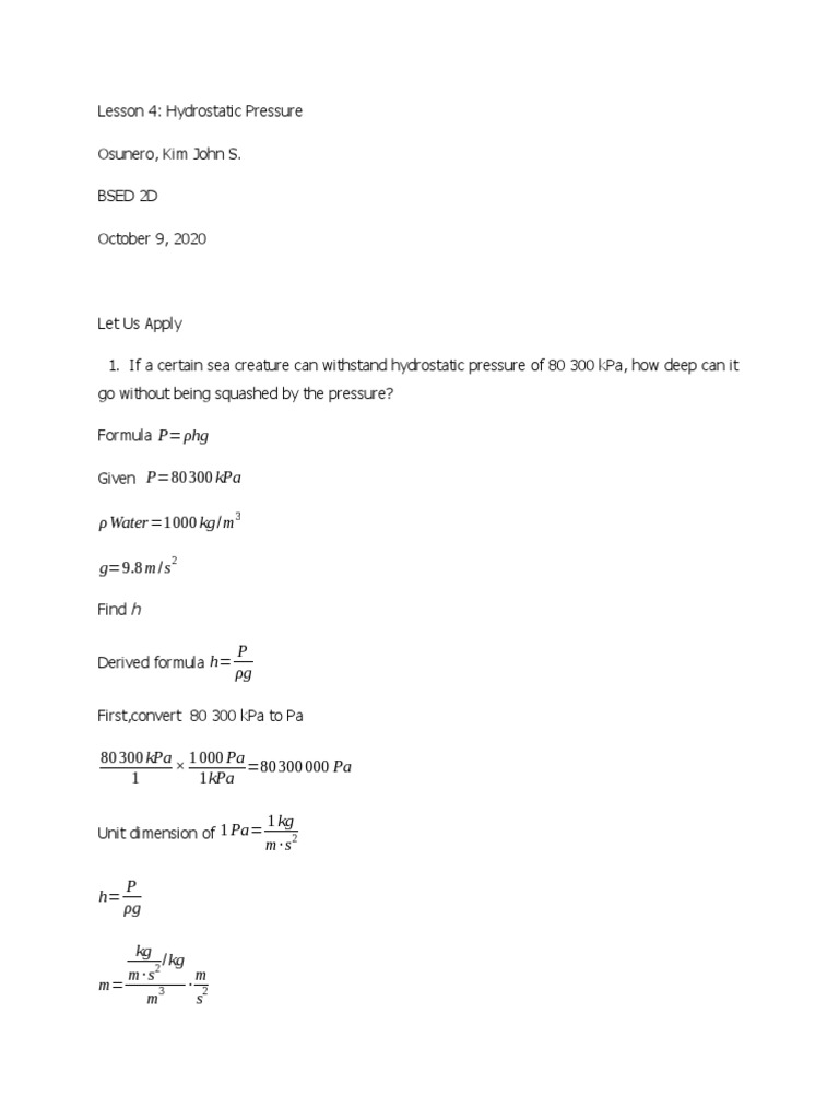 Lesson 4 Hydrostatic Pressure Osunero, Kim John S. BSED 2D SCIE 4 | PDF | Pressure | Blood
