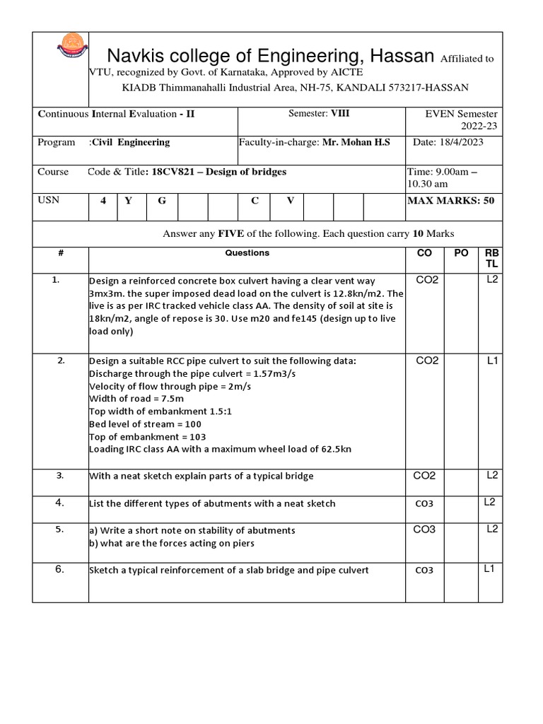 Navkis College of Engineering, Hassan: Continuous Internal Evaluation ...