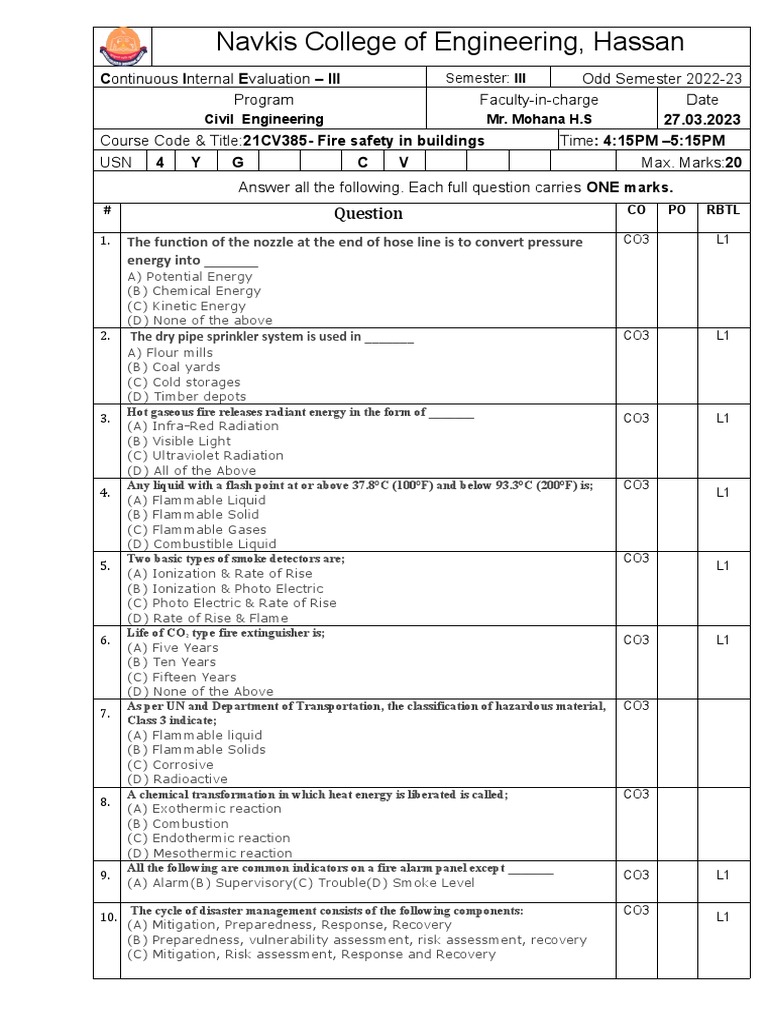Fire Safety Evaluation Questions | PDF | Fires | Combustion