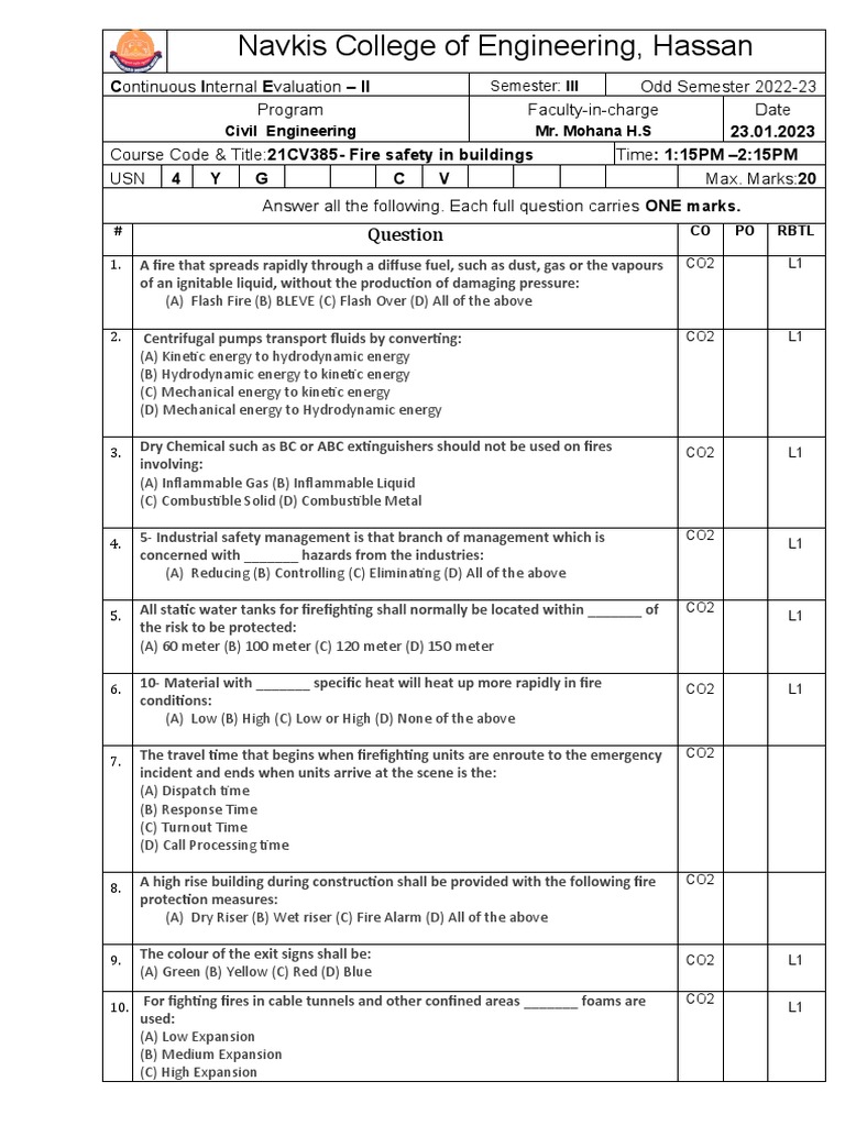 Fire Safety Evaluation Questions 2022-23 | PDF | Carbon Dioxide | Fires