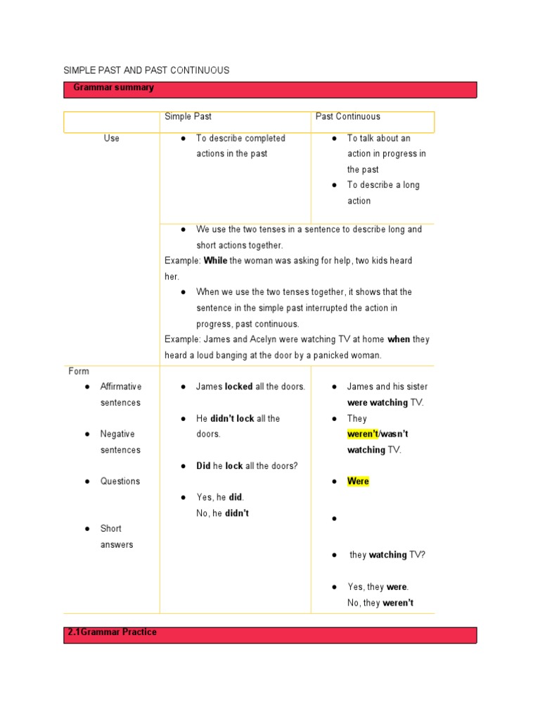 SIMPLE PAST AND PAST CONTINUOUS grammar practice | PDF