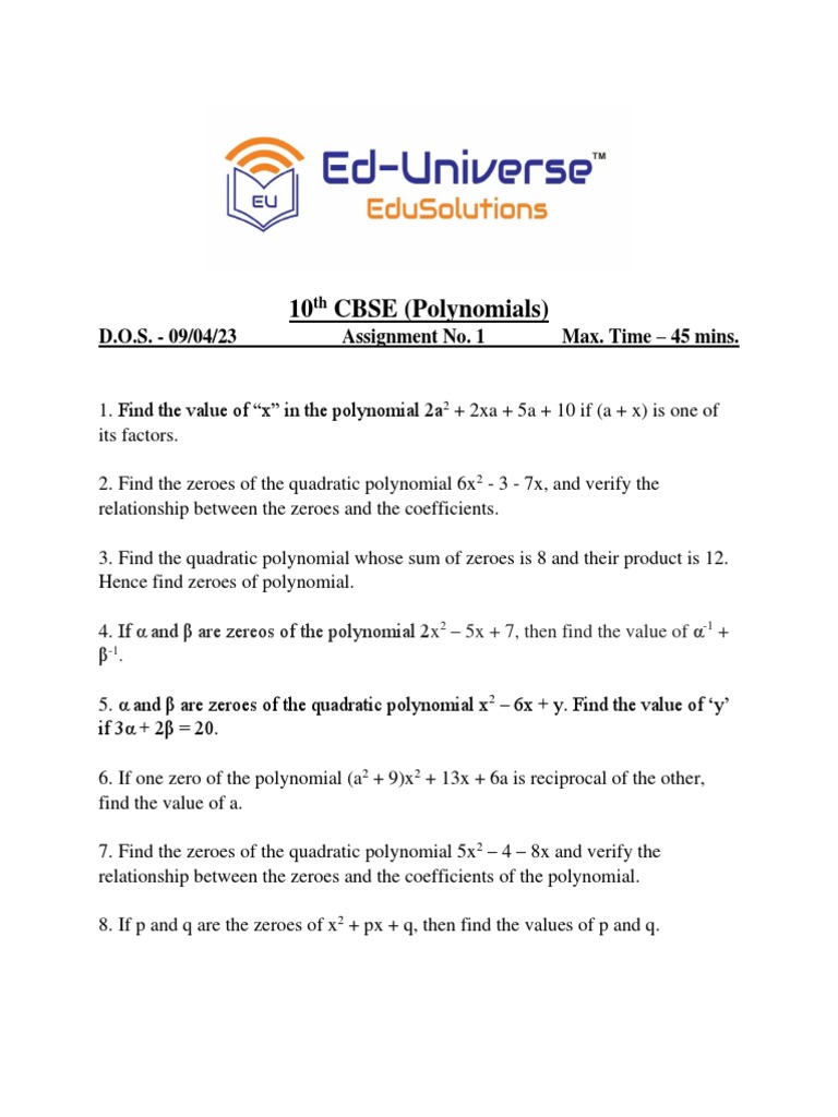 Class 10 Polynomials Assisgnment 1 | PDF