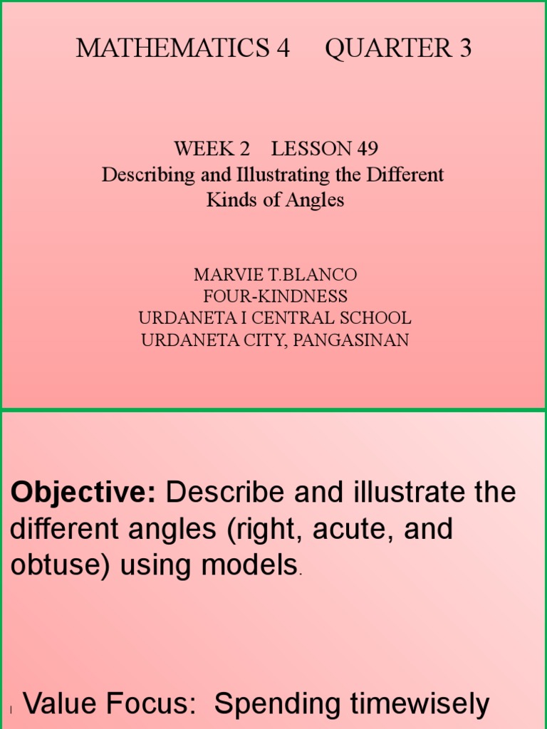 MATH 4 PPT Q3 W2 - Lesson 49 Describing and Illustrating Different Kinds of Angles | PDF
