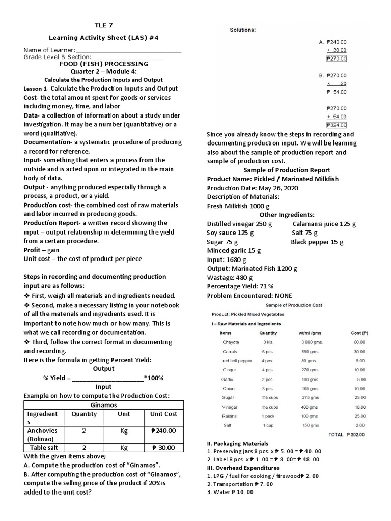 TLE 7 Q2 LAS 4 PETA 4 Edited | PDF | Cost Of Goods Sold | Expense