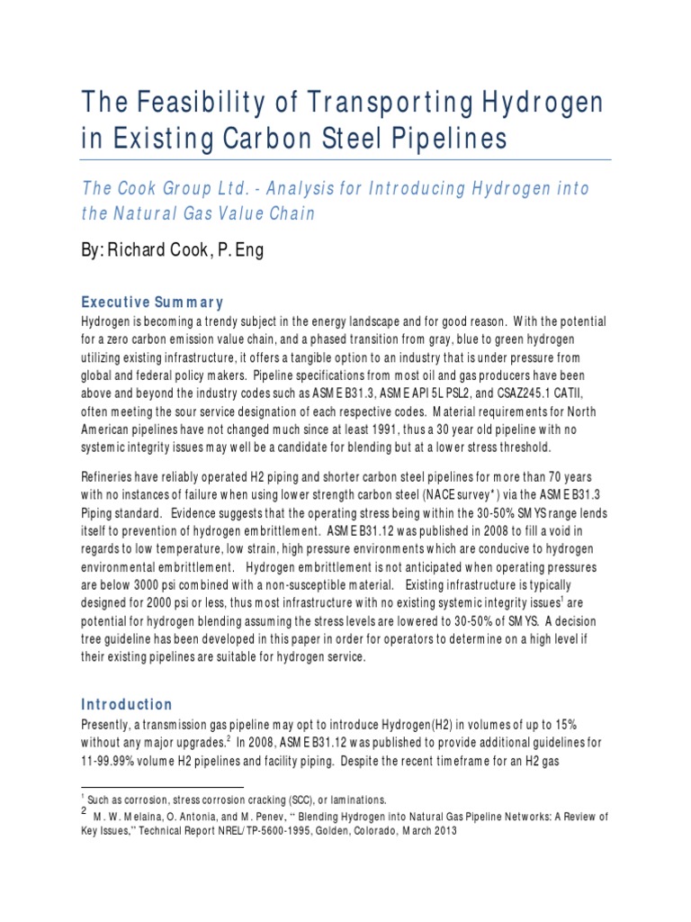 The Feasibility of Transporting Hydrogen in Existing Pipelines | Download Free PDF | Pipe (Fluid ...