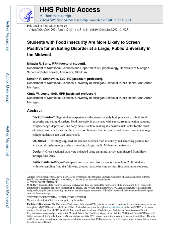 Students With Food Insecurity Are More Likely To Screen | PDF | Eating ...