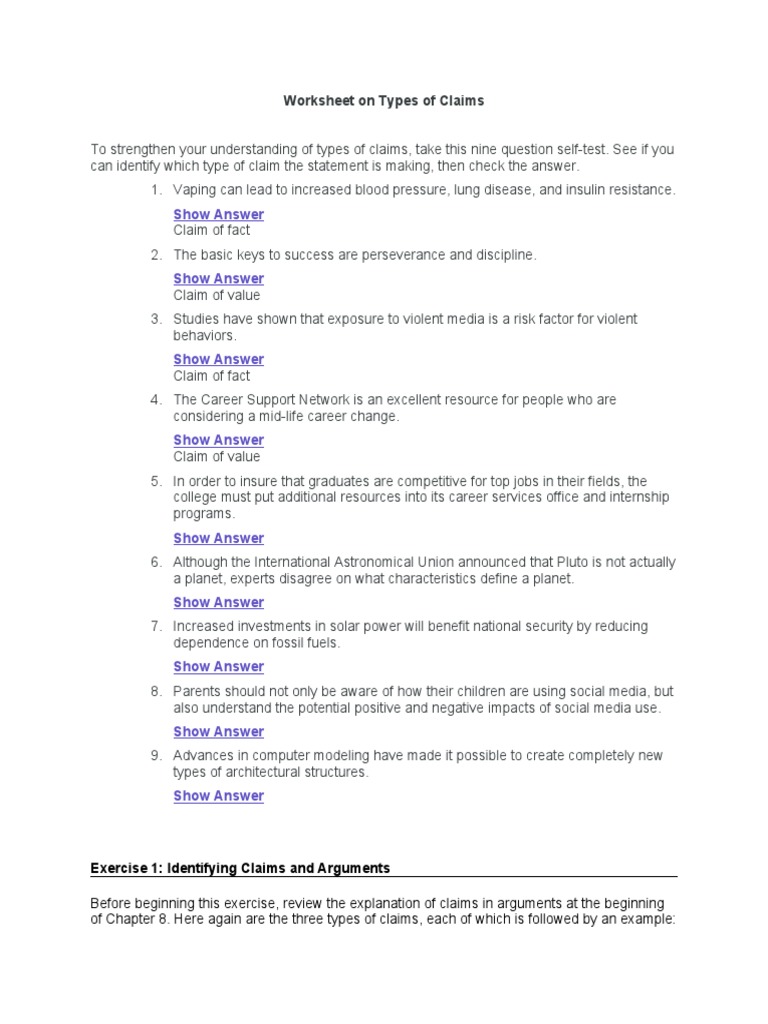Show Answer: Worksheet On Types of Claims | PDF