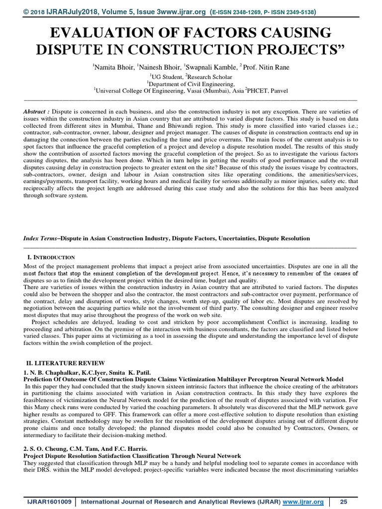 Evaluation of Factors Causing Dispute in Construction Projects | PDF ...