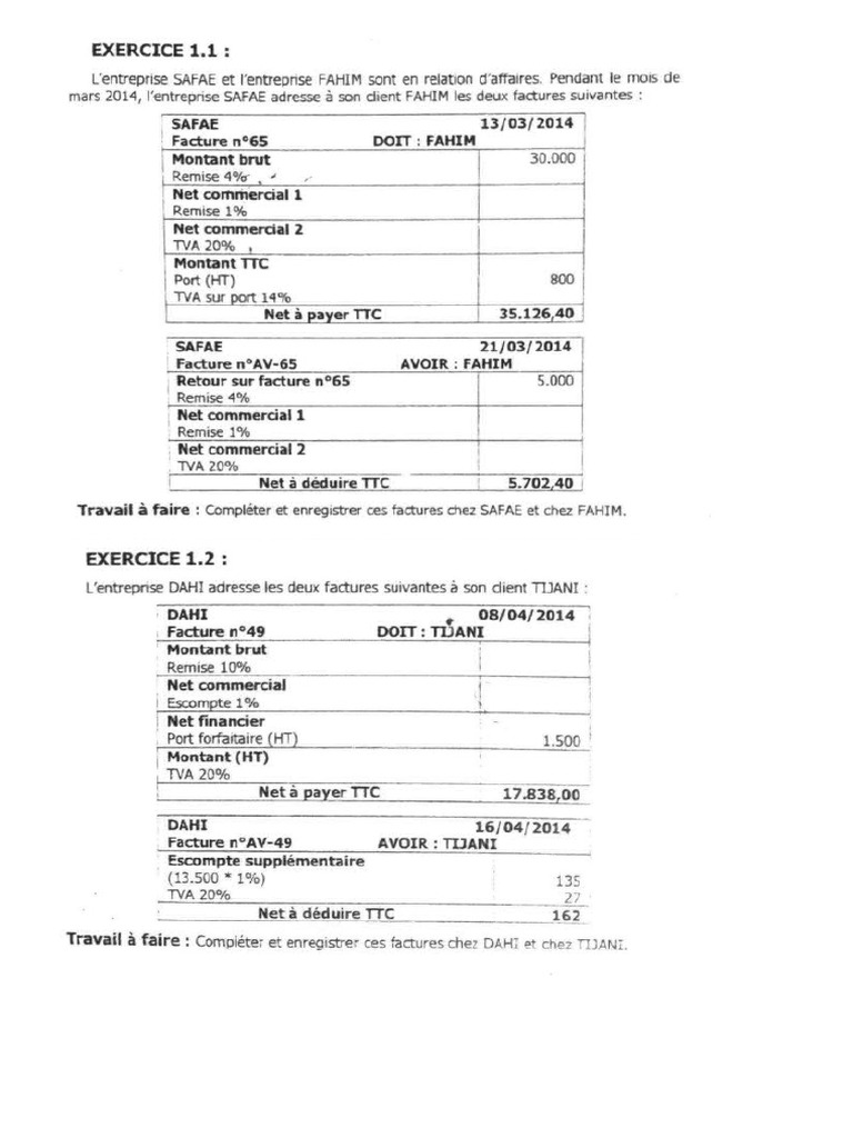 Exercices Factures Des Reductions Au Transport Et Tva | PDF