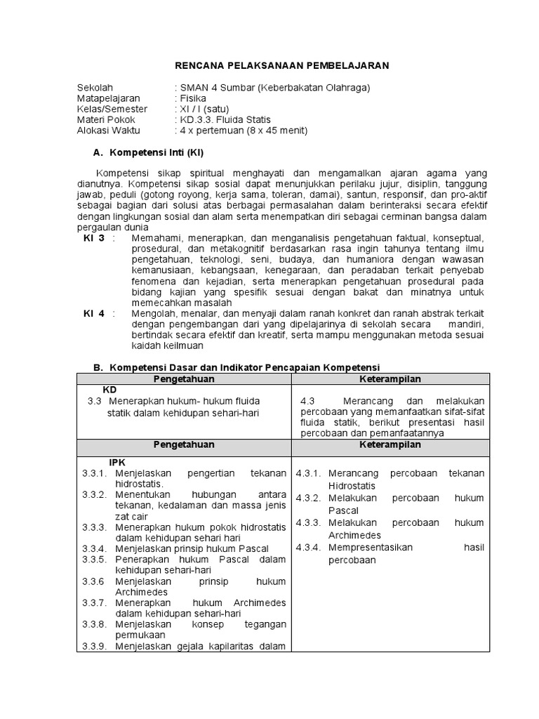 RPP. KD 3.3. Fluida Statis | PDF