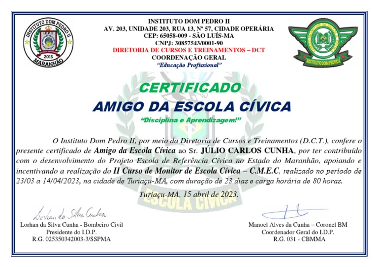 Certificado Amigo Da Escola Cívica Cmec | PDF