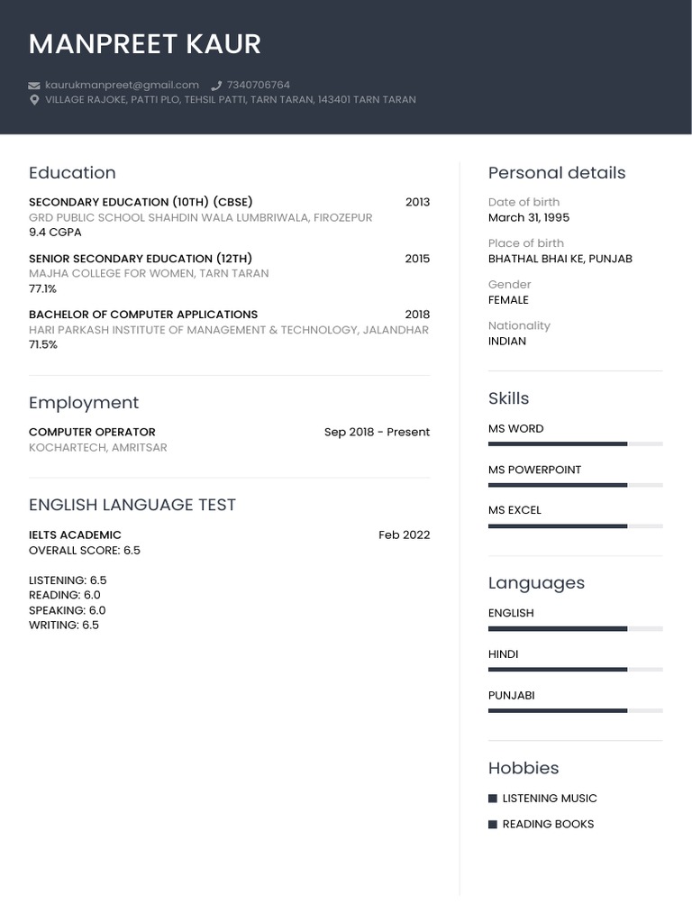 Resume MANPREET KAUR | PDF