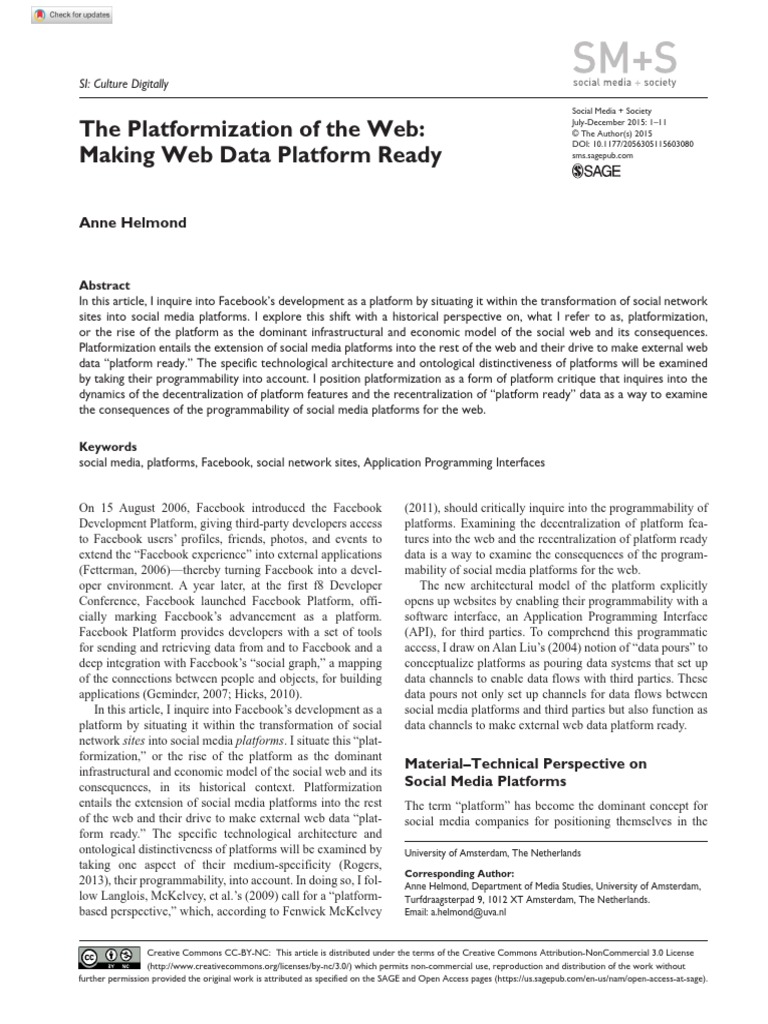 Helmond - 2015 - The Platformization of The Web | PDF | Facebook | Web 2.0