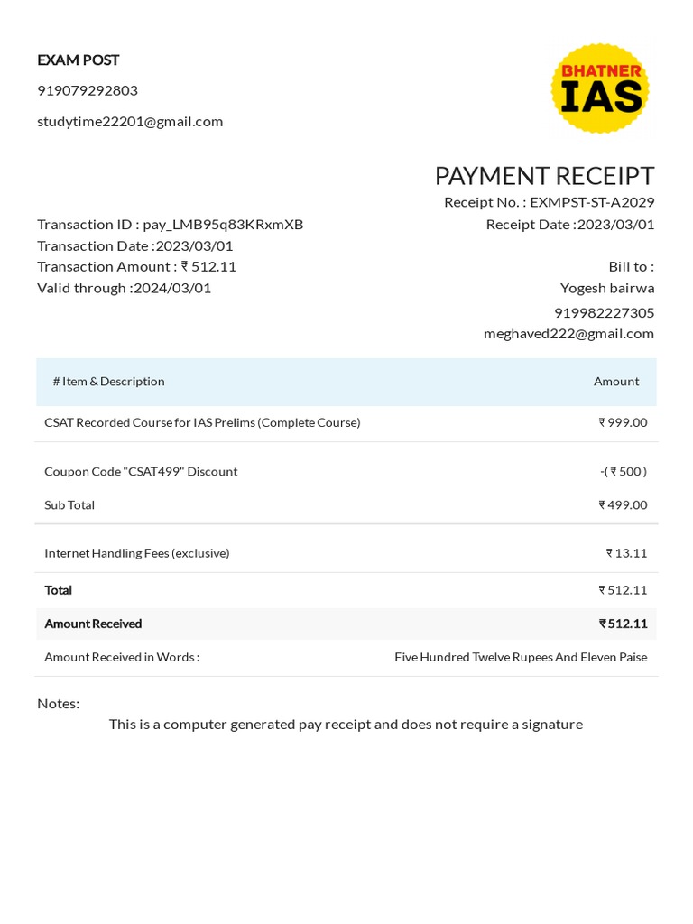 Payment Receipt: Exam Post | PDF