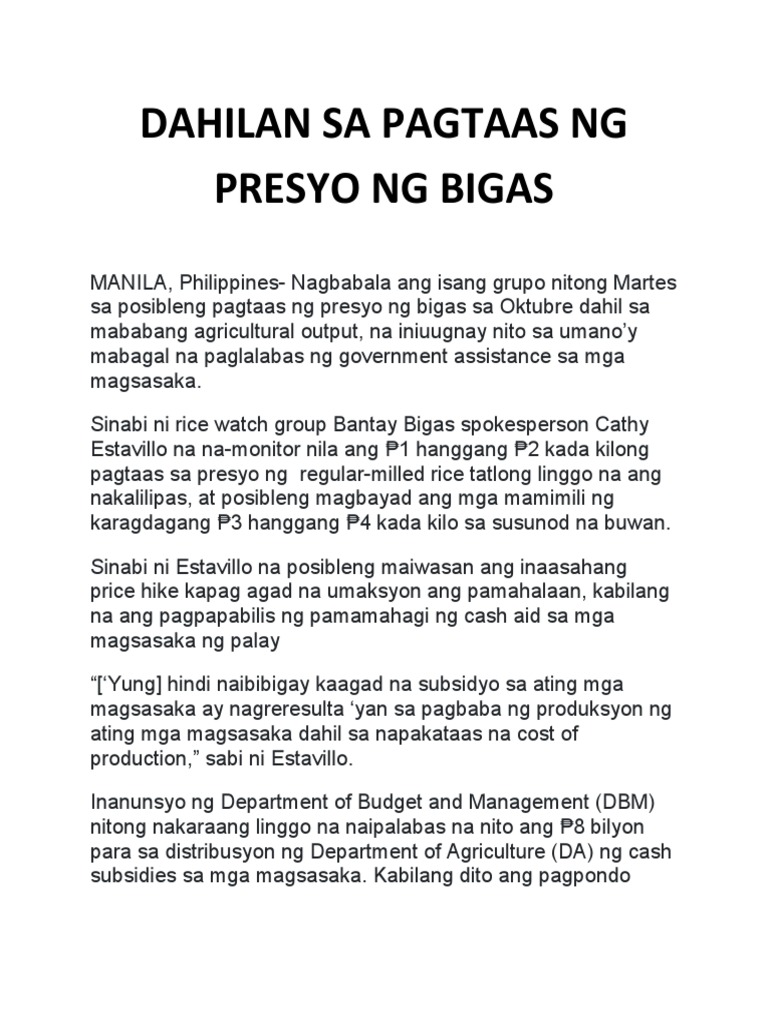Dahilan Sa Pagtaas NG Presyo NG Bigas | PDF Dahilan Sa Pagtaas NG Presyo NG Bigas | PDF