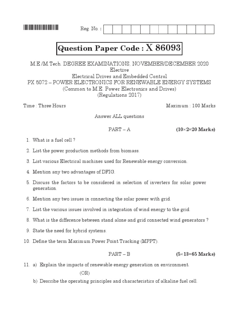 M.E./M.tech. Degree Examination Questions on Electrical Drives and Embedded Control for ...