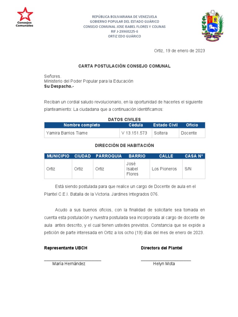 Carta Postulacion Consejo Comunal | PDF