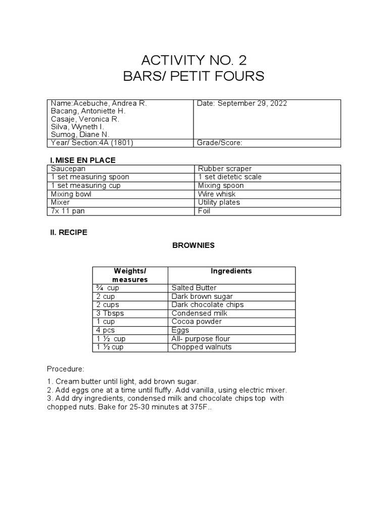 ACTIVITY NO2 - Brownies | PDF | Chocolate | Types Of Chocolate