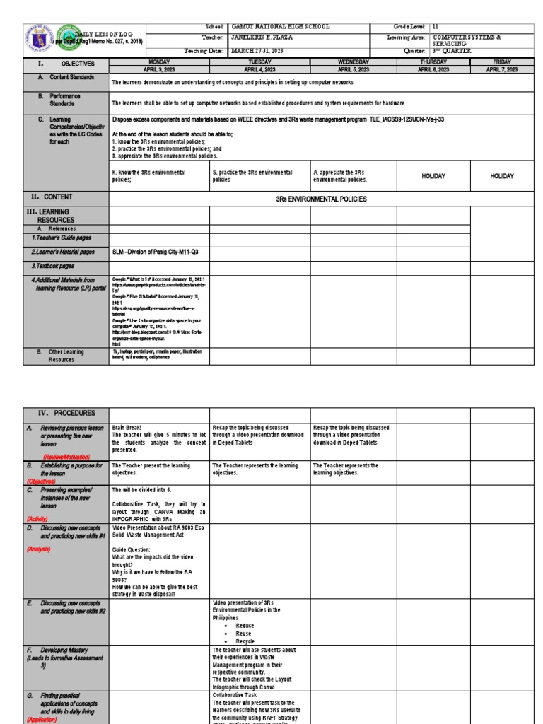 GNHSS 3Rs Environmental Policies Daily Lesson | PDF | Teachers | Learning