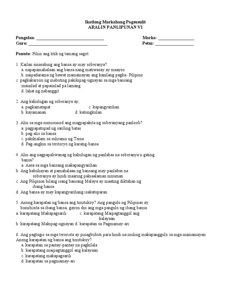 PT - Araling Panlipunan 6 - Q3 | PDF