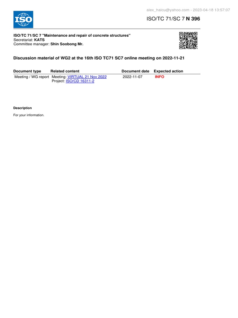 Discussion Material of WG2 at The 16th ISO TC71 SC7 Online Meeting On 2022-11-21 | PDF ...