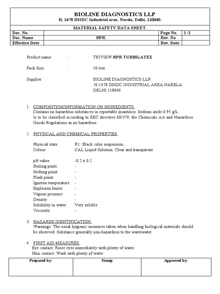 Bioline MSDS RPR | PDF | Water | Hazards