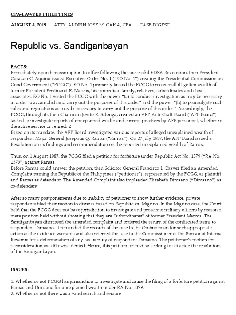 Republic vs. Sandiganbayan Case Digest | PDF | Search Warrant | Public Law