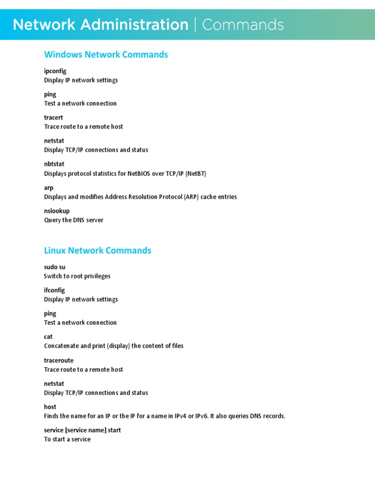 Network Command Cheat Sheet | PDF | Ip Address | Internet Architecture