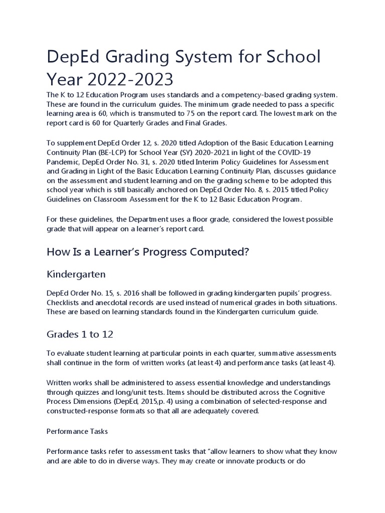 DepEd Grading System For School Year 2022 | PDF | Educational ...
