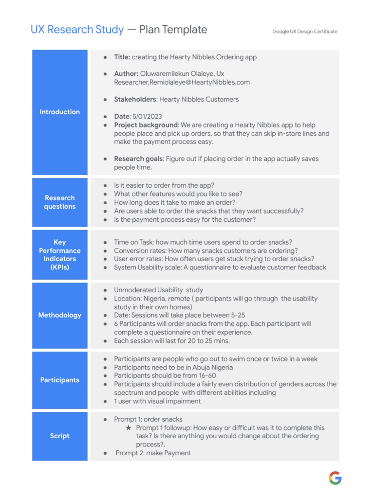 UX Research Study Plan For Hearty Nibbles Snacks (Template) | PDF ...