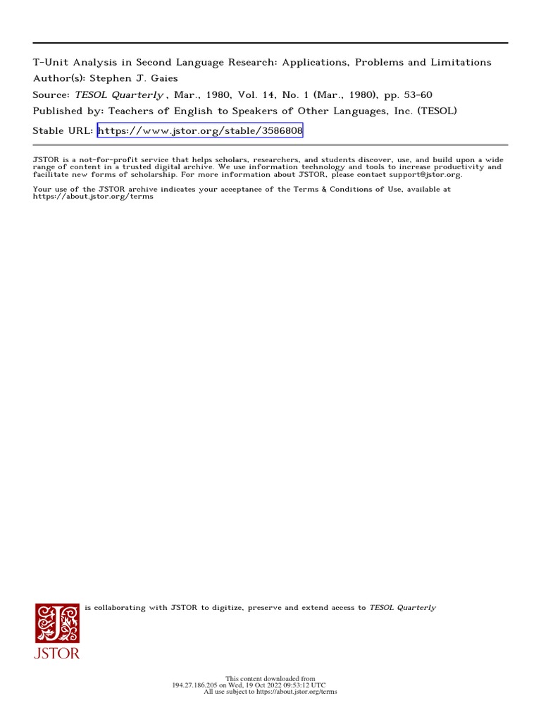 T-Unit Analysis in Second Language Research | PDF | English As A Second Or Foreign Language ...