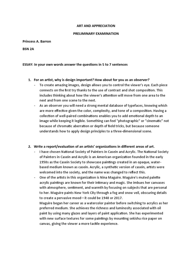 Barron - Art App Prelim Exam Perps | PDF | Paintings | Acrylic Paint