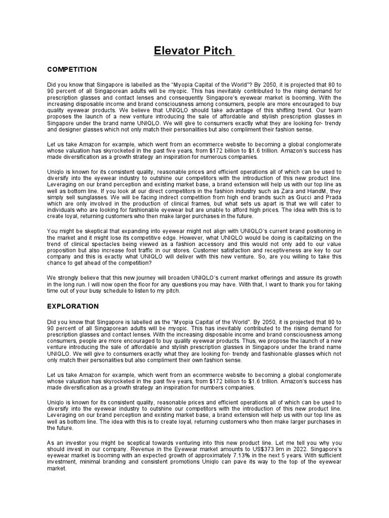 Elevator Pitch Samples - Management Communication - SMU | PDF | Brand ...