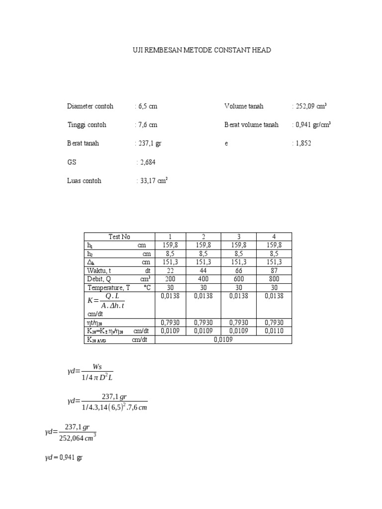 Uji Rembesan Metode Constant Head | PDF