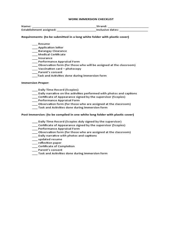 Updated WORK IMMERSION CHECKLIST | PDF
