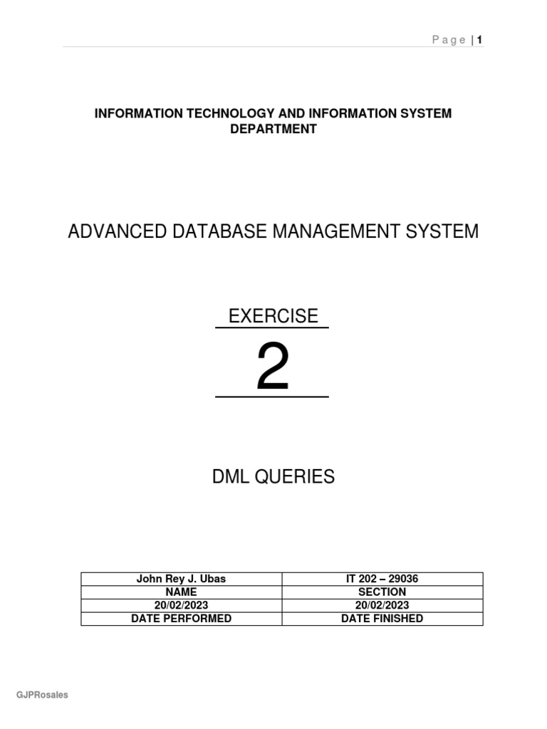 ADBMS LAB Exercise 2 - Ubas | PDF | Databases | Data Model ADBMS LAB Exercise 2 - Ubas | PDF | Databases | Data Model
