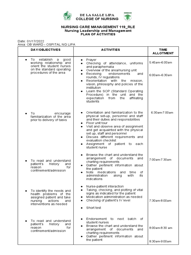 Plan of Activity OB Ward | PDF | Nursing | Patient
