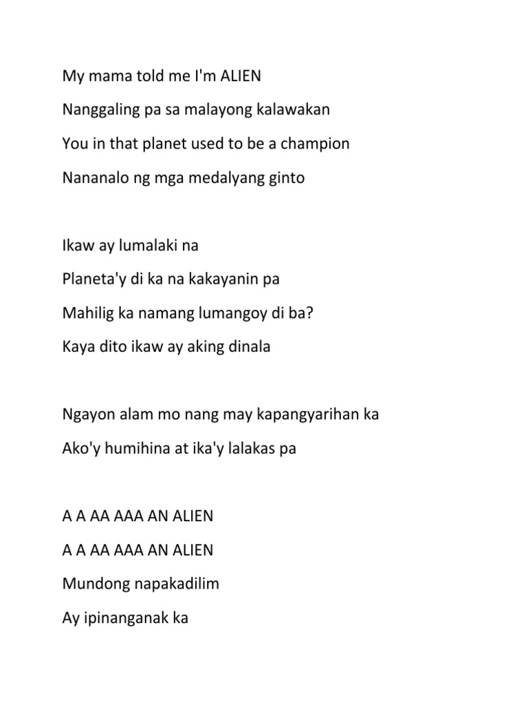 Alien Tagalog Lyrics | PDF