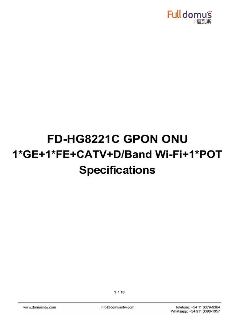 FD-HG8221C GPON ONU 1GE+1FE+CATV+WiFi+POT Spec Sheet | PDF | Cable ...