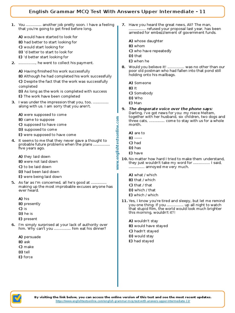 638 - English Grammar MCQ Test With Answers Upper Intermediate 11 | PDF