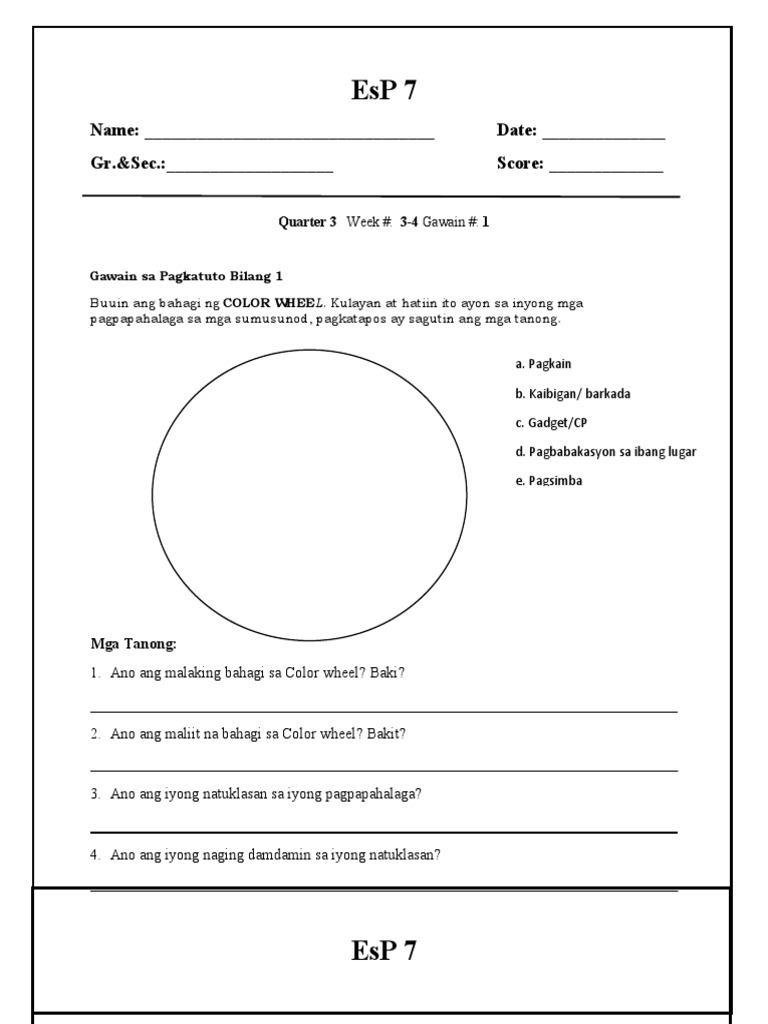 Answer Sheet EsP 7 Q3 Week3 To 4 G1 2 | PDF