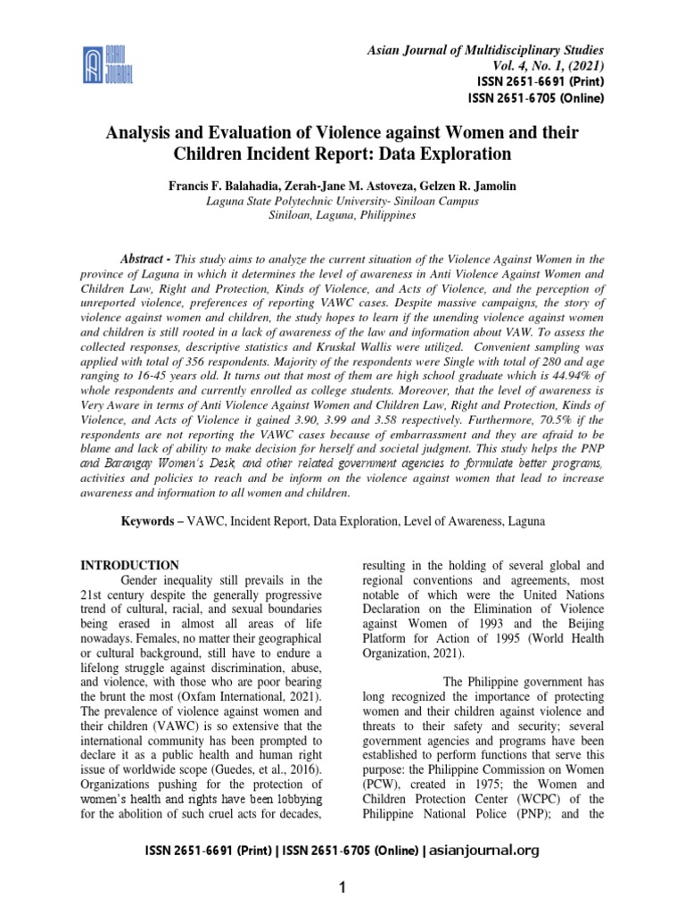 Analysis and Evaluation of Violence Against Women and Their Children Incident Report: Data ...