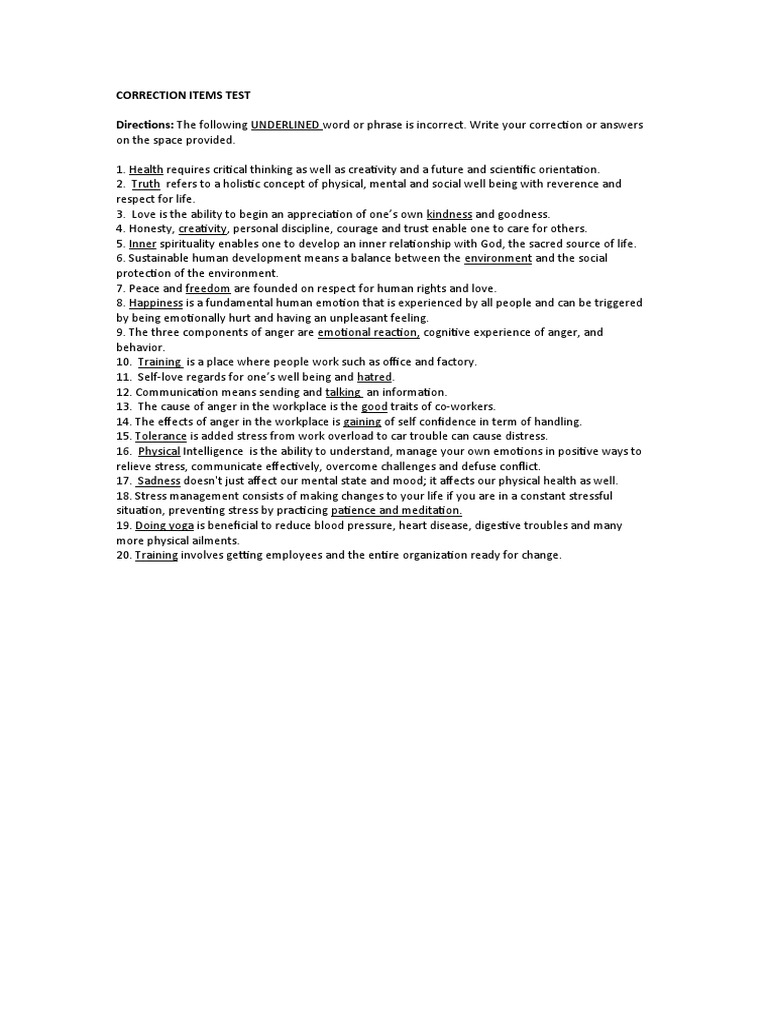 Correction Items Test | PDF | Anger | Stress (Biology)