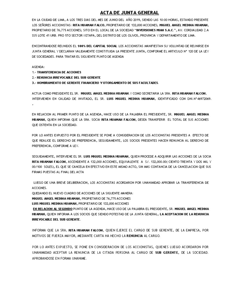 Acta de Junta Venta Acciones y Cambio de Sub Gerente | PDF | Gobierno